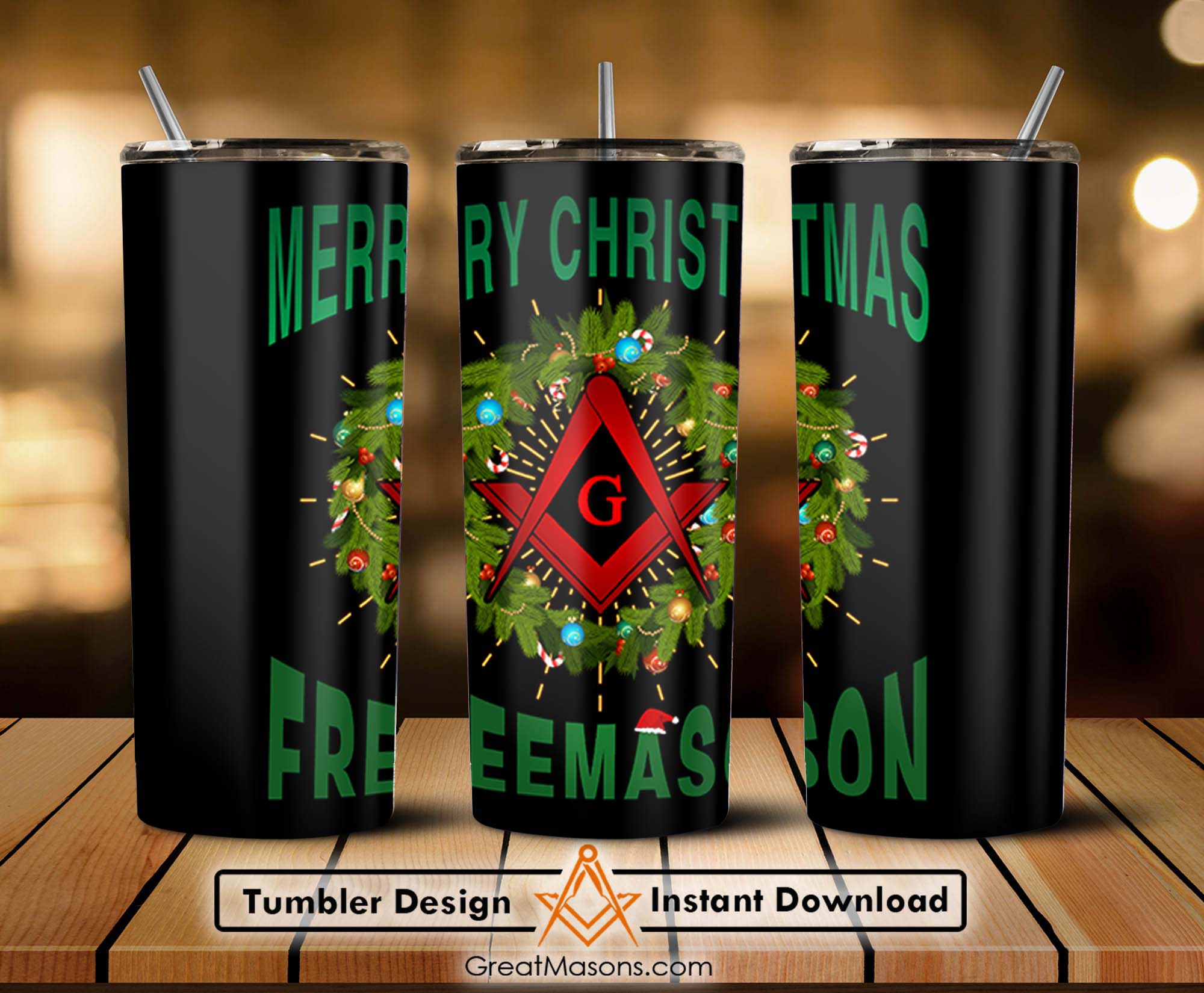 Merry Christmas Freemason Pine Tree Wreath Masonic Skinny Tumbler Wrap ...